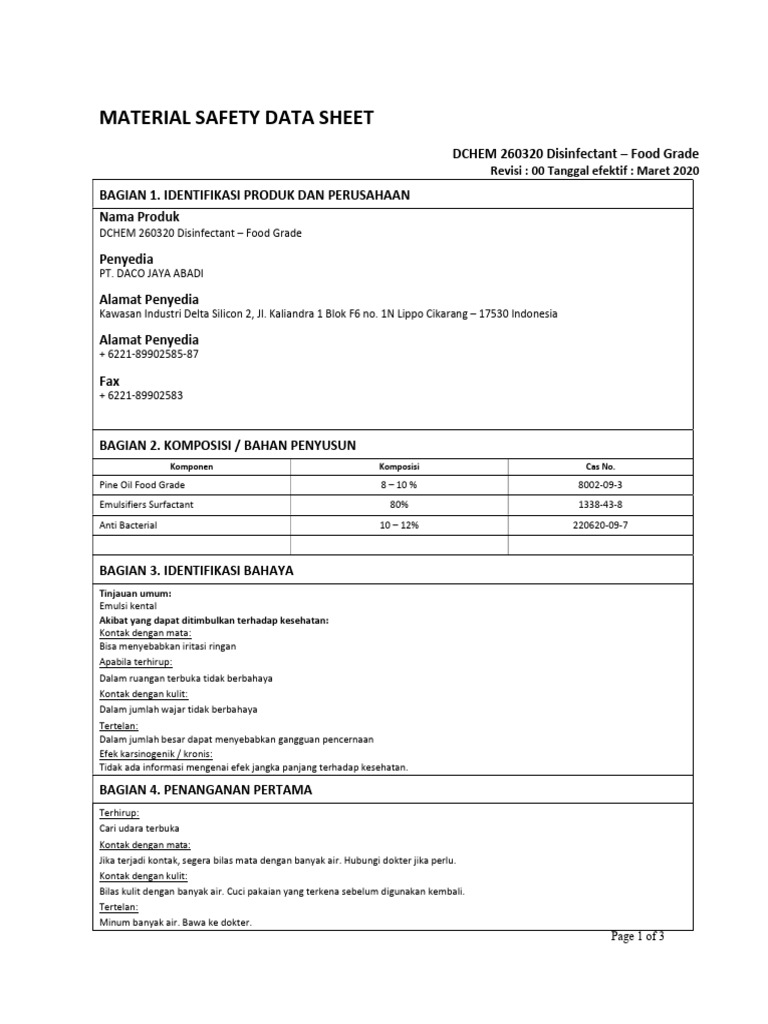 MSDS Disinfektan - Food Grade | PDF