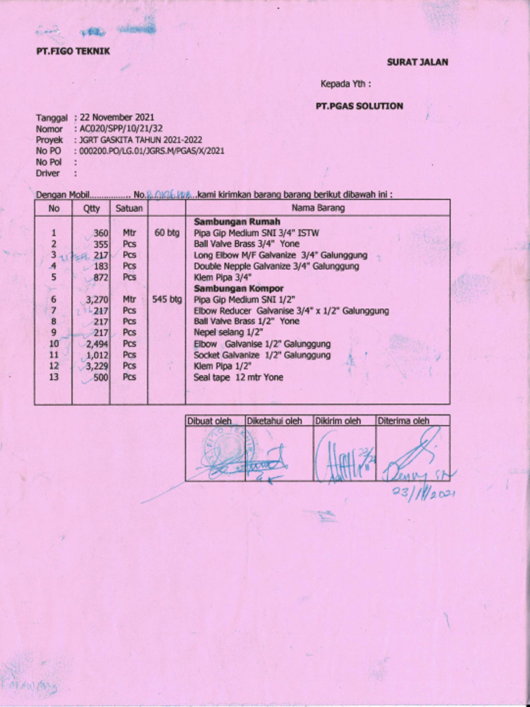 Surat Jalan Material Jargas Tahap 1 Dan 2 | PDF