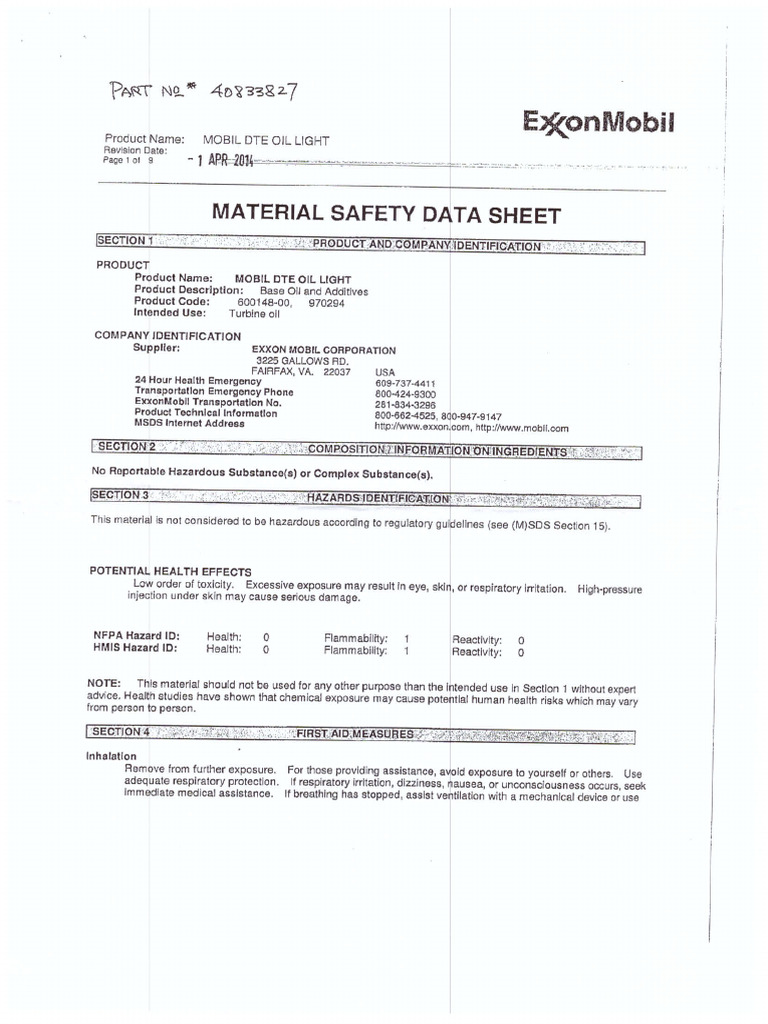 Msds-Mobil Dte Oil Light 40833827 (Exxon) | PDF