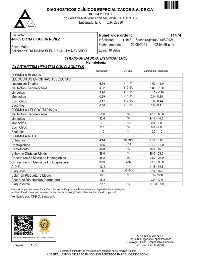 Diagnosticos Clínicos Especializados S.A. de C.V.: Check-Up Basico. BH ...