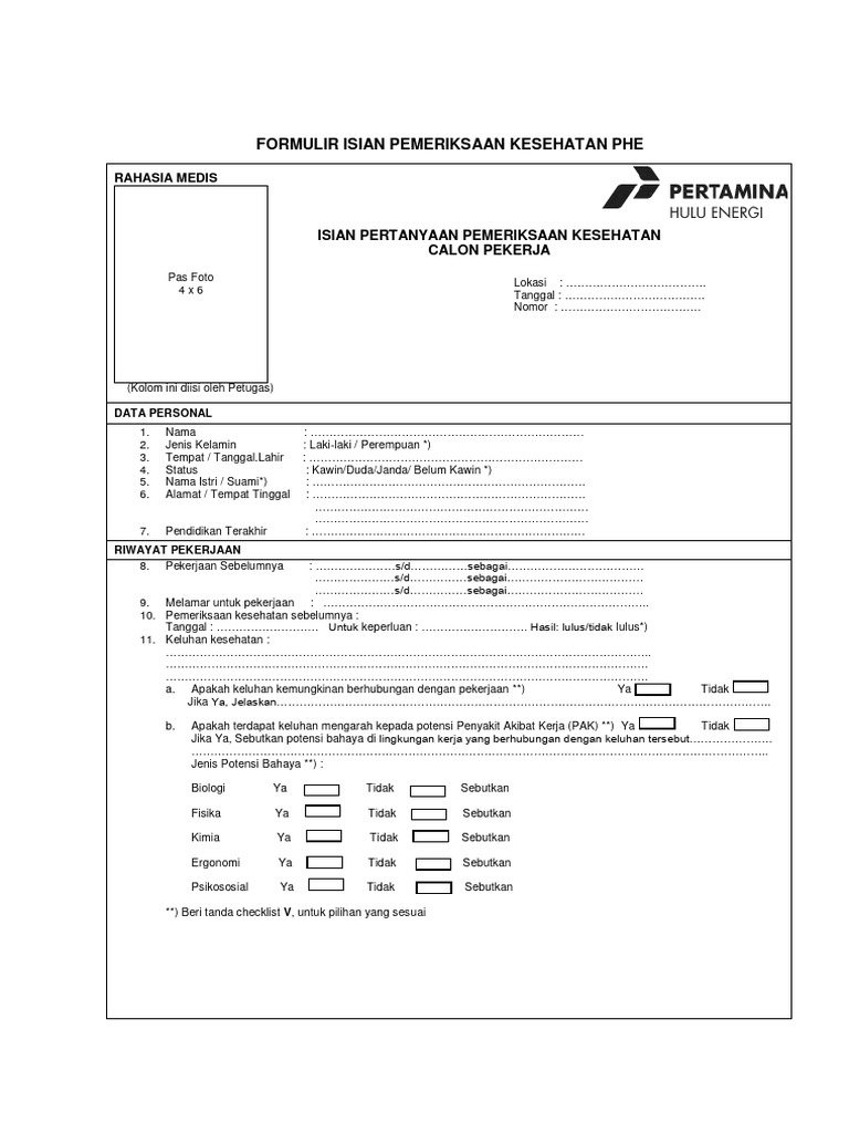 FORM. ANAMESIS PEMERIKSAAN KESEHATAN PEKERJA PHE Revisi | PDF