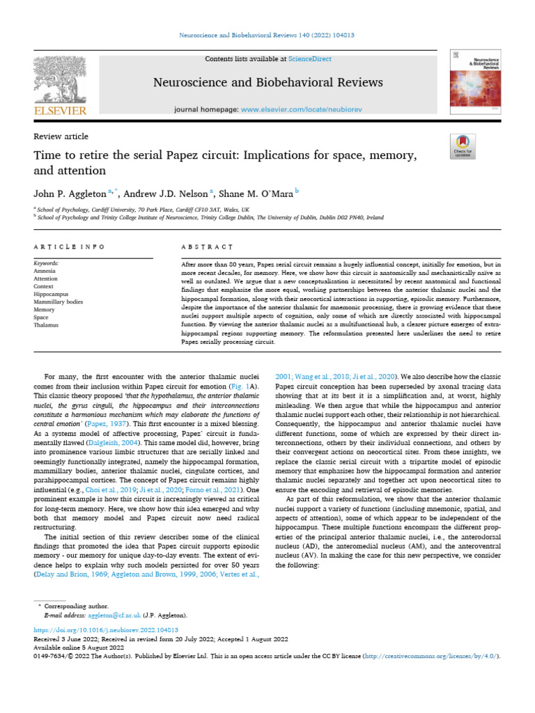 Aggleton (2022) Time To Retire The Serial Papez Circuit - Implications ...