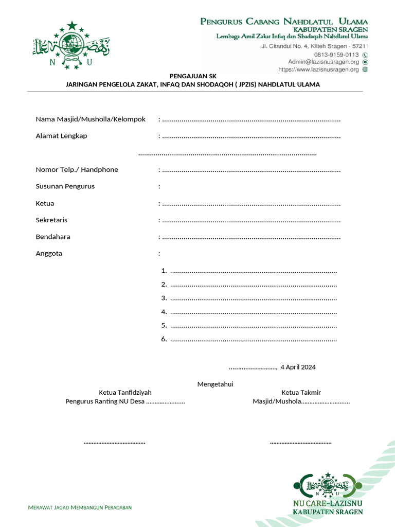 Pengajuan SK JPZIS NU 2024 | PDF | Griya & Taman