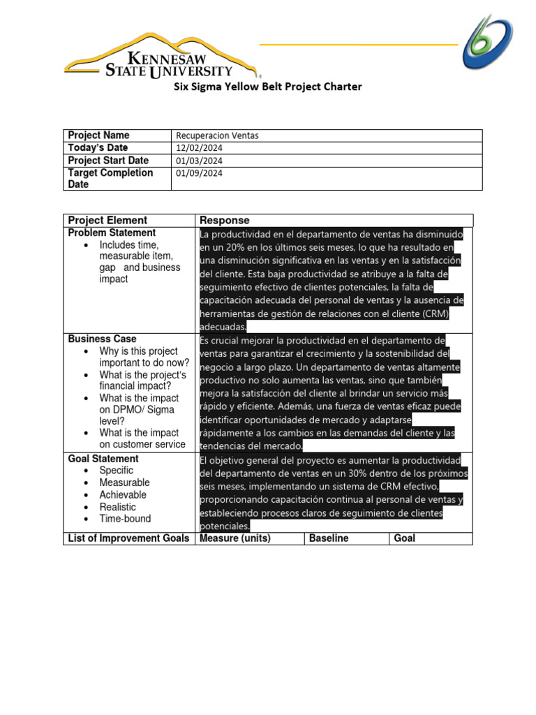 Six-Sigma-Green-Belt-Project-Charter - AA | Descargar gratis PDF ...