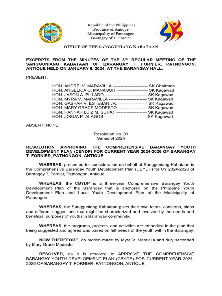 SK Resolutions for Barangay T. Fornier | PDF | Government