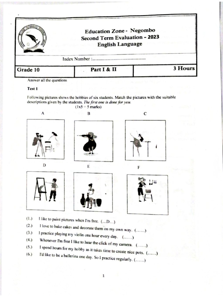 English - Grade 10 - Second Term Test 2023 - Negambo Zone | PDF