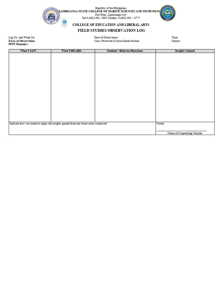 Field Studies Observation Log Template | PDF