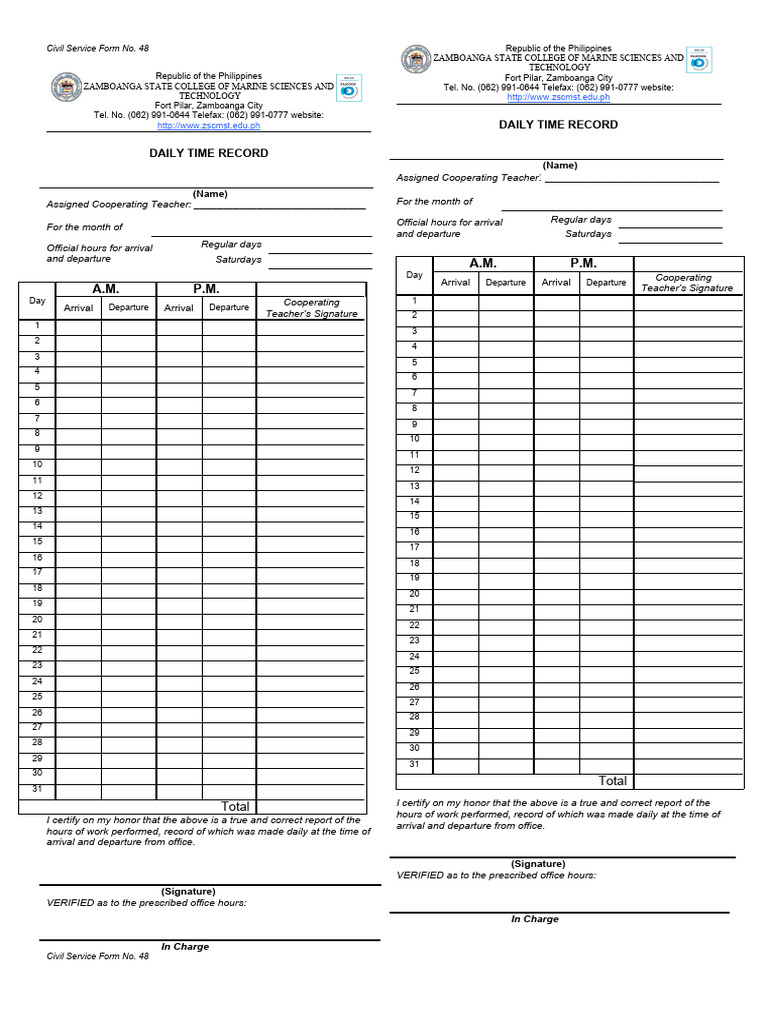 CSCForm48 DailyTimeRecordDTR 044302 | PDF | Spanish East Indies