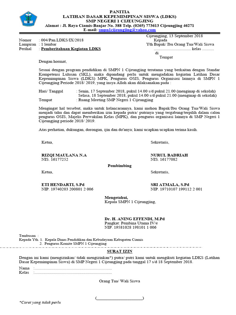 Surat Pemberitahuan LDKS Dan Mohon Ijin 2018 | PDF