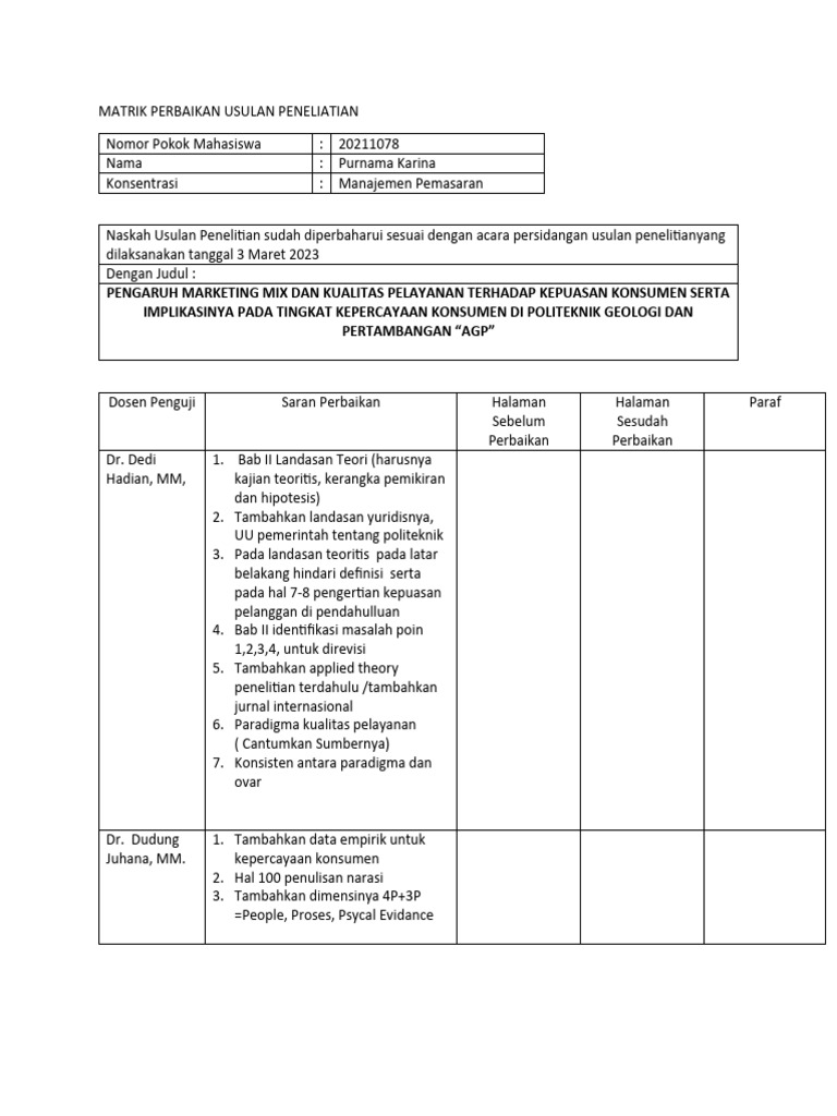 Matrik Perbaikan Usulan Peneliatian | PDF