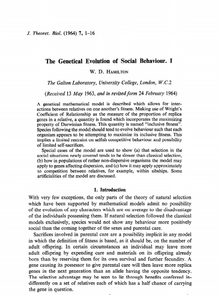 Hamilton (1964) The Genetical Evolution of Social Behavior. I | PDF ...