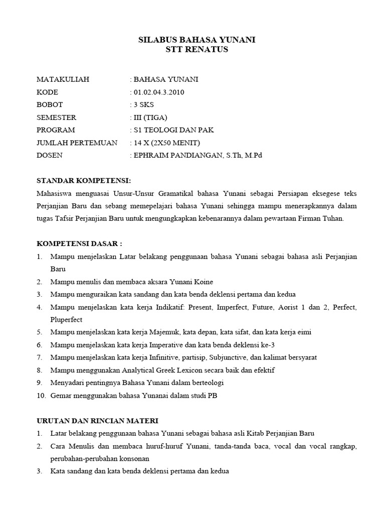 Silabus Bahasa Yunani S1 Teologi | PDF | Ilmu Sosial | Seni & Disiplin ...