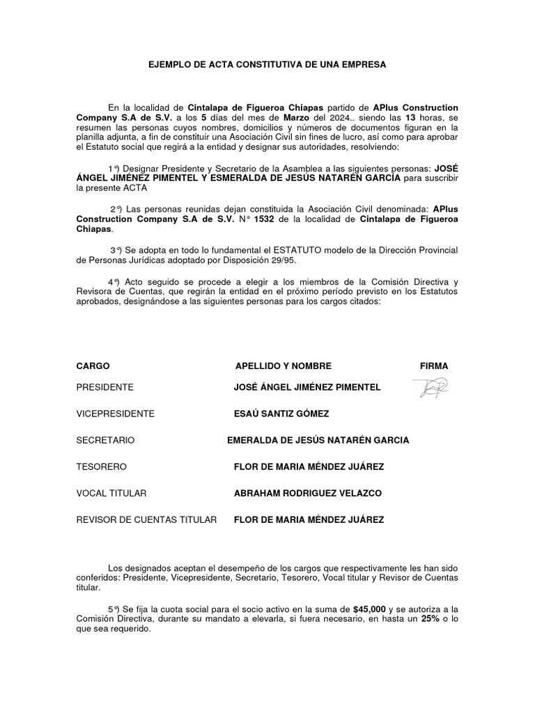 Punto 2 - Acta Constitutiva de Una Empresa Ejemplo | PDF | Gobierno