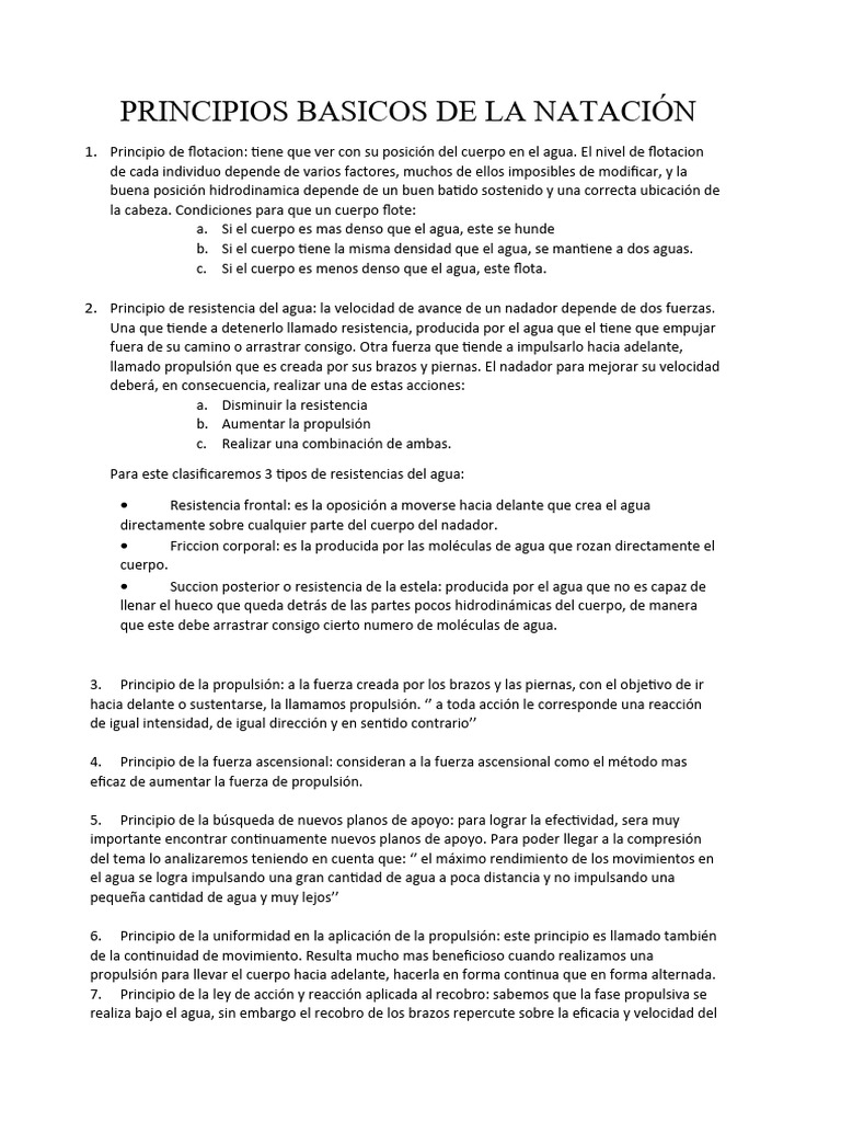 PRINCIPIOS BASICOS DE LA NATACIÓN | PDF | Nadando | Arrastrar (Física)