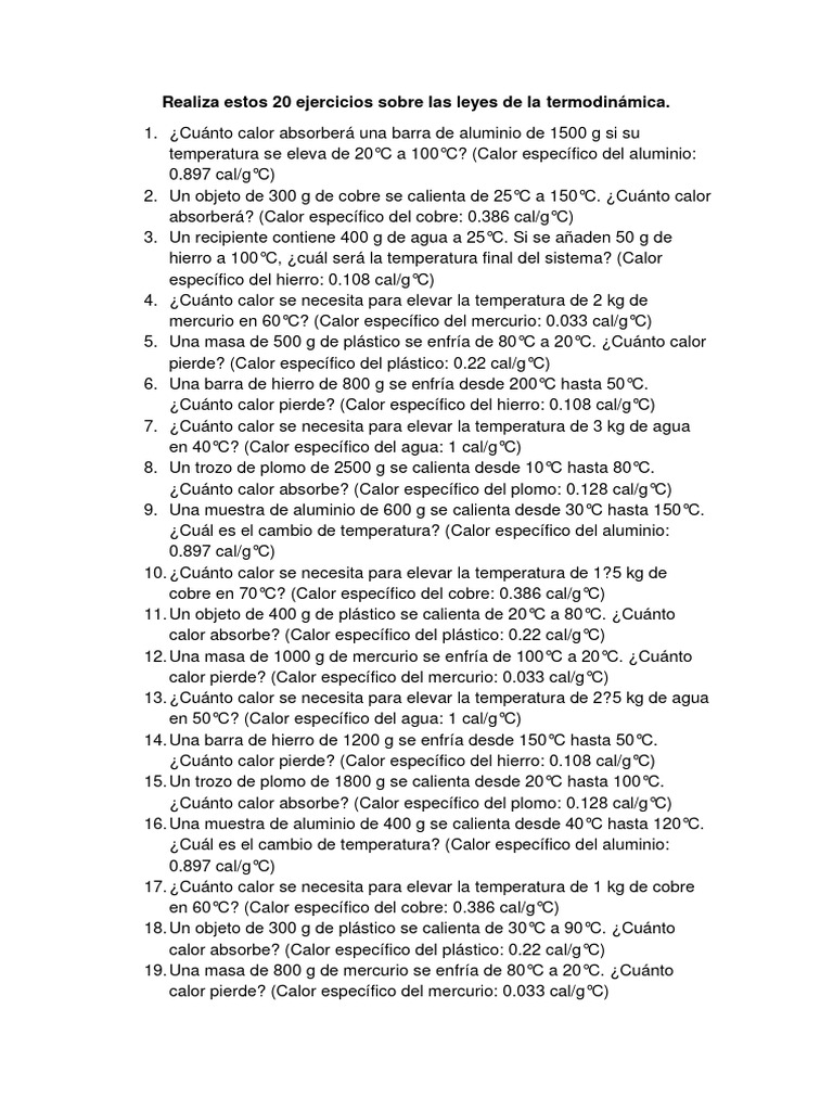 Realiza Estos 20 Ejercicios Sobre Las Leyes de La Termodinámica | PDF ...