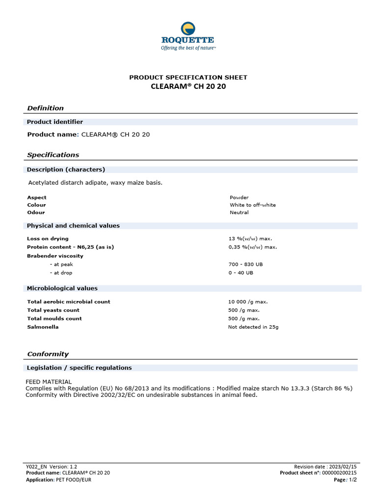 Roquette - PSPE - Y022 - CLEARAM CH 20 20 - 000000200215 - EN | PDF ...