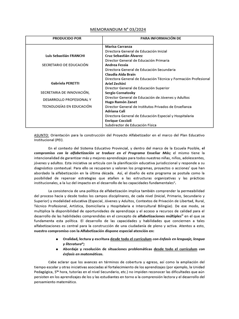 2024 - MEMO 03-2024. Orientaciones Proyecto Alfabetizador en el marco PEI | PDF | Educación ...