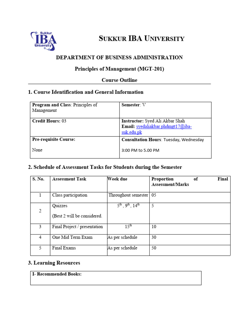 Course Outline - Fall-2022 - Principles of Management | PDF ...