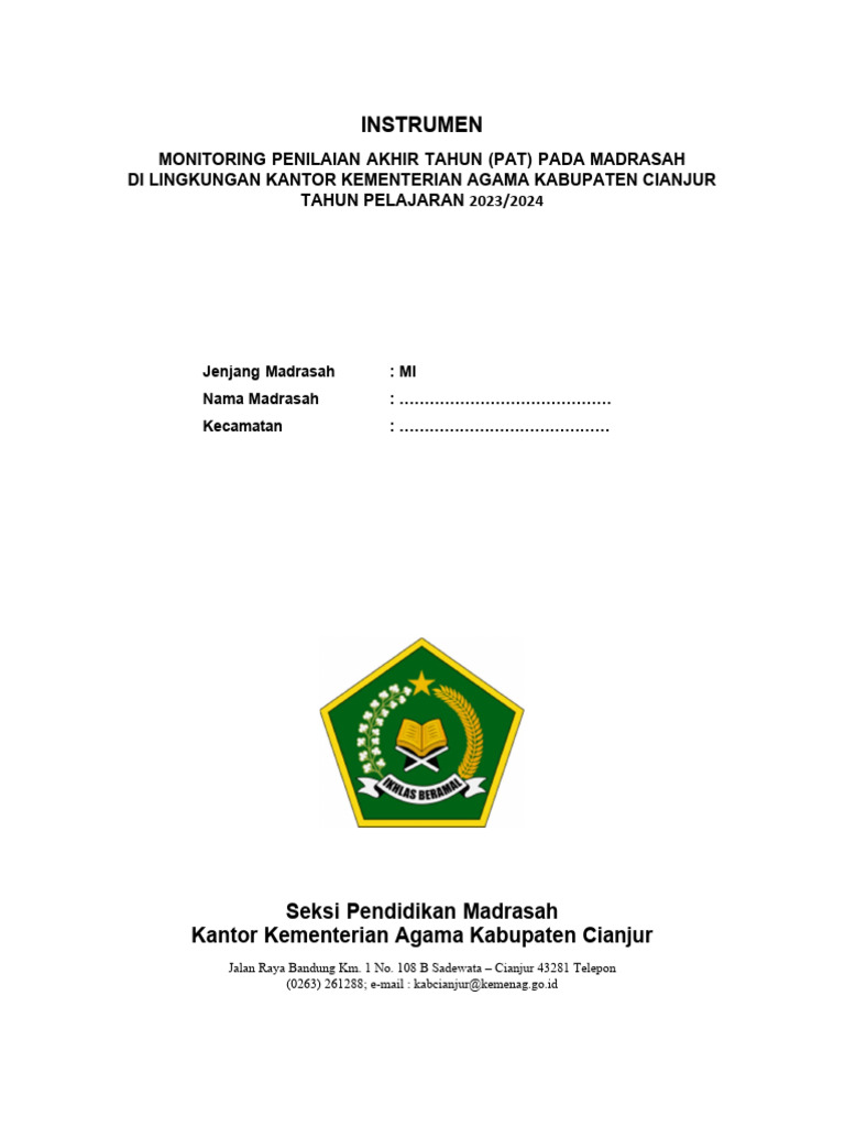 Instrumen Monev PAT Madrasah 2023-2024 | PDF
