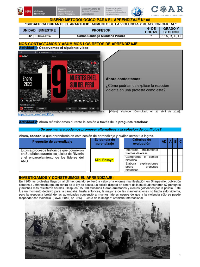 DMpA 5 - Historia 5to.-1 | PDF | Congreso Nacional Africano | Nelson Mandela
