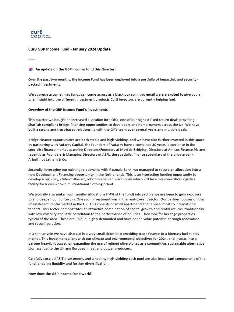 Cur8 GBP Income Fund Update - Jan 2024 | PDF | Dividend | Investing