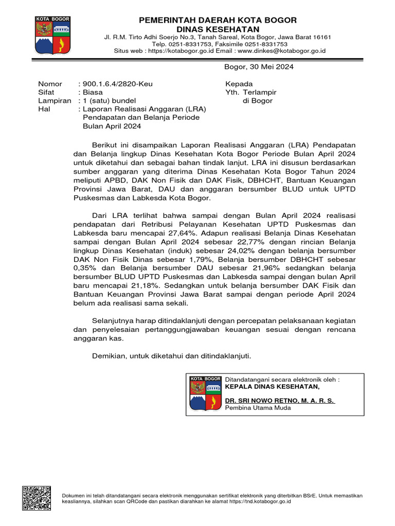 Surat dan Lampiran LRA DINKES sd periode April 2024 | PDF