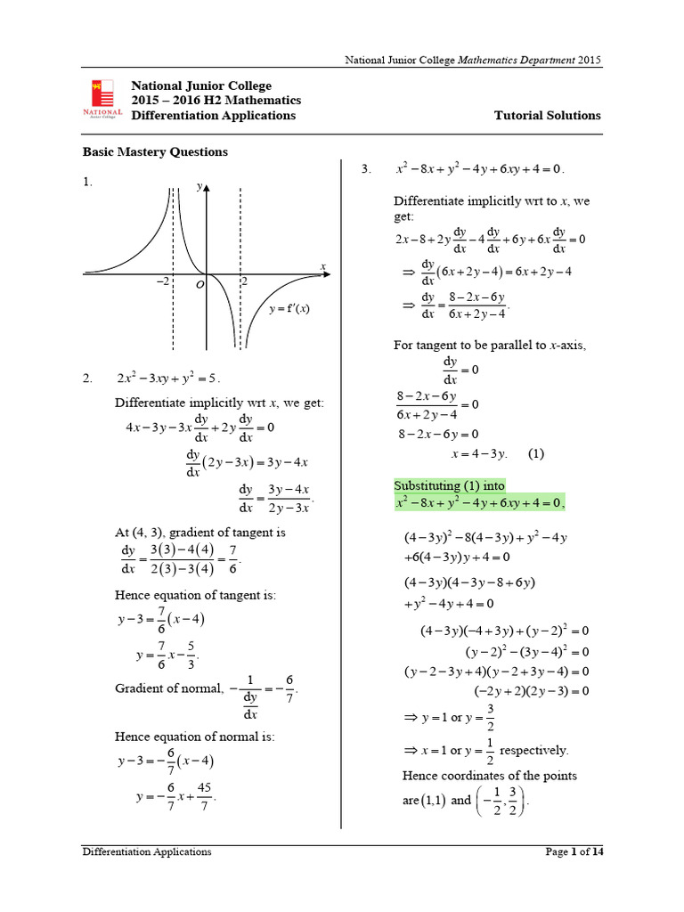 Differentiation Applications Tutorial Solutions | PDF | Area | Tangent