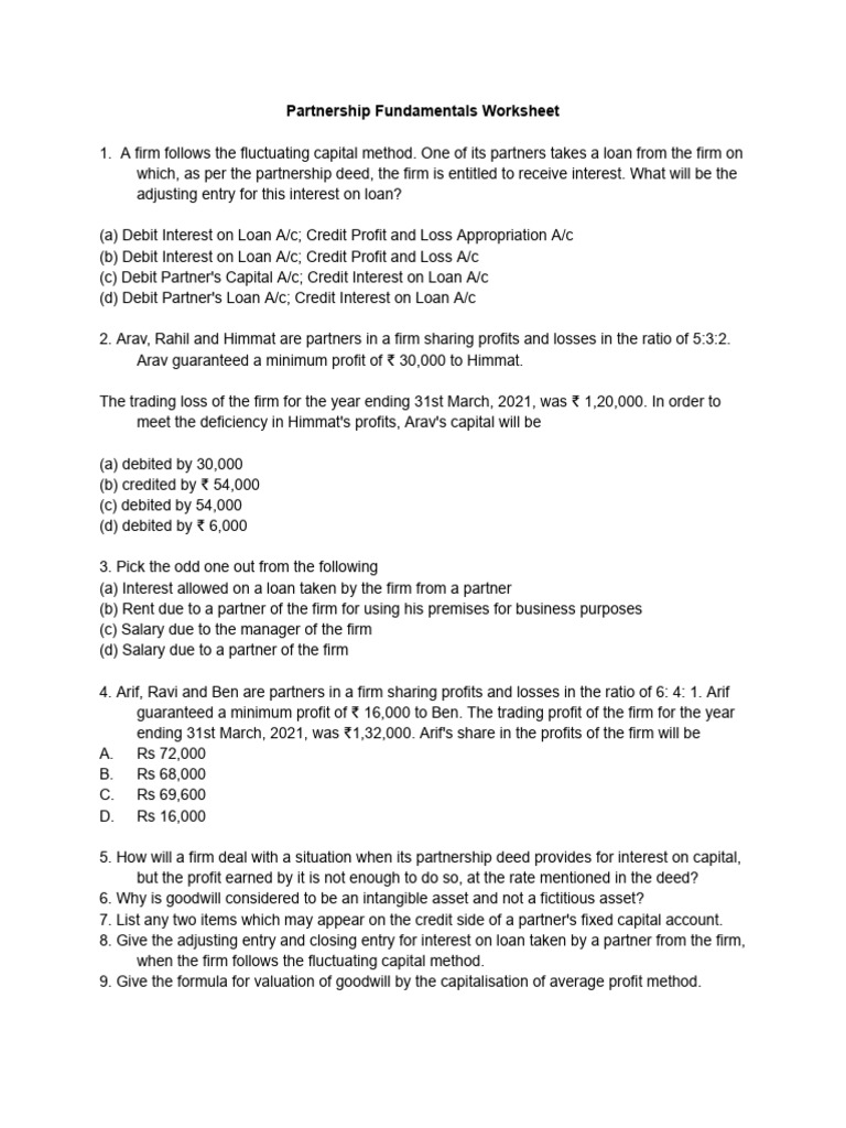 Partnership Fundamentals 2024-25 Worksheet | PDF | Interest | Partnership