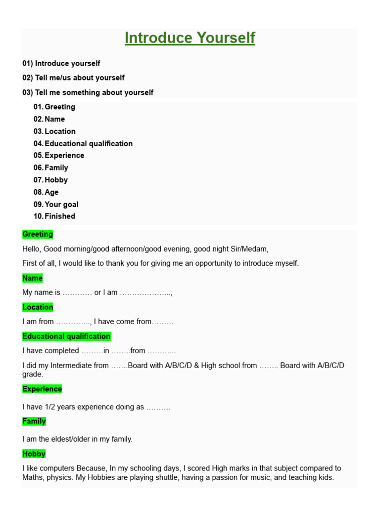 Tell Me About Yourself Interview Questions and Answers | PDF ...