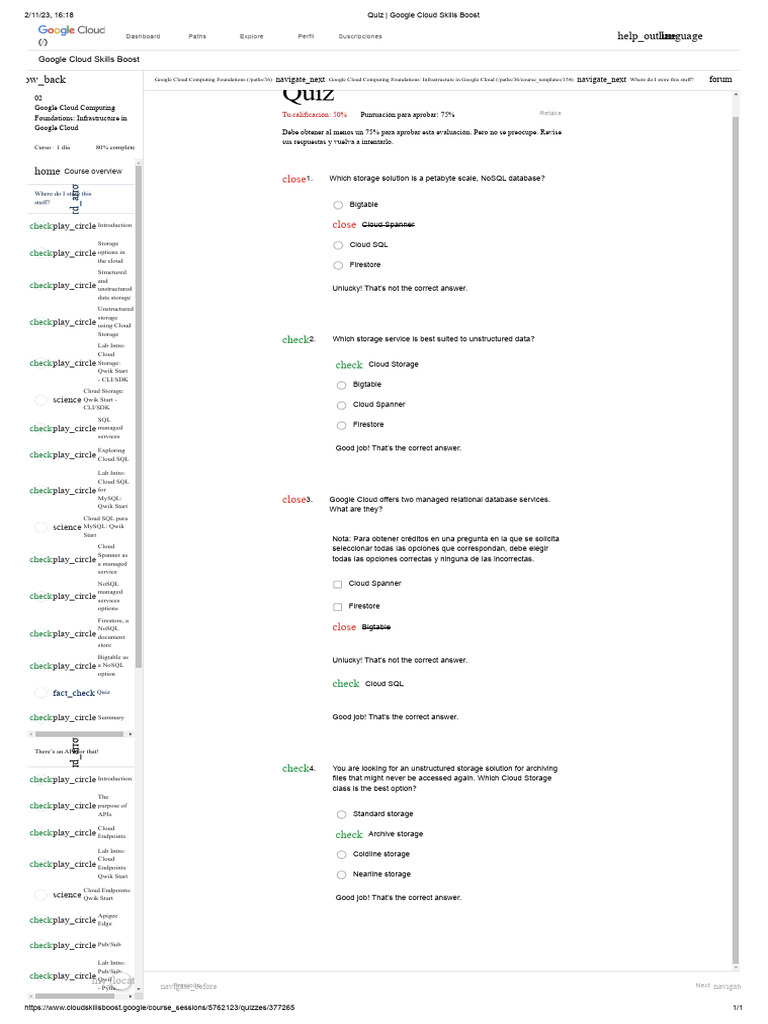 Google Cloud Skills Boost Quiz Results | PDF | No Sql | Cloud Computing