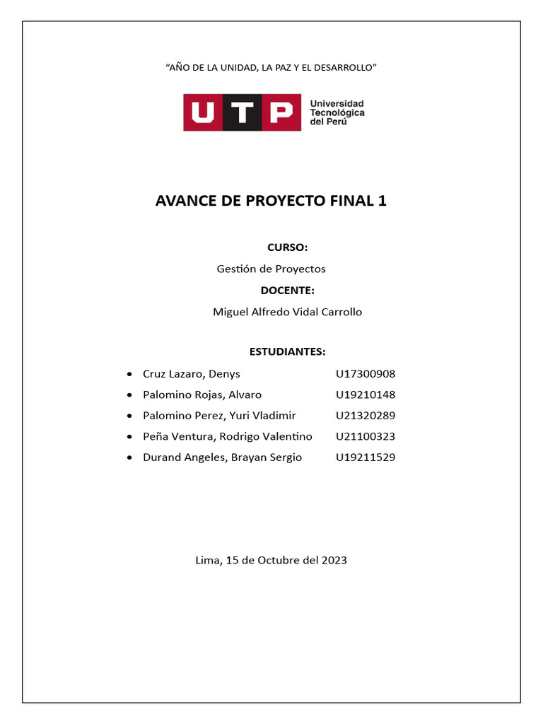 Avance de Proyecto Final 1 | PDF | Calidad (comercial) | Planificación