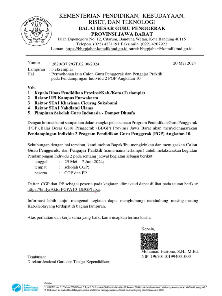 Surat Undangan PI 2 A10 Untuk PP Dan CGP | PDF