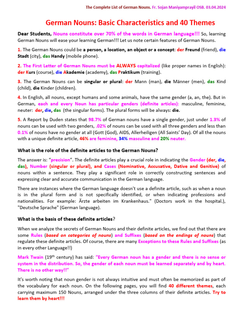 German Nouns: Gender and Plurals Guide | PDF | Grammatical Gender ...