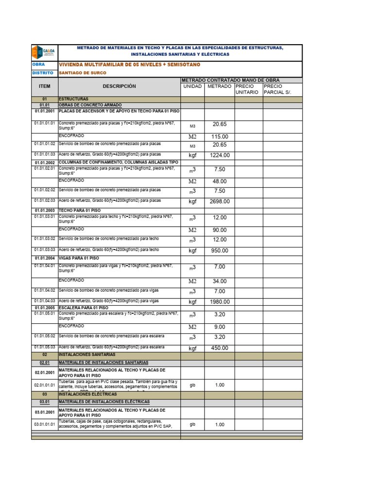 Metrado de 01 Techo y Muros (Abarca Acero, Concreto, Inst. Sanit. y Elect.) Actualizado 1 PDF ...