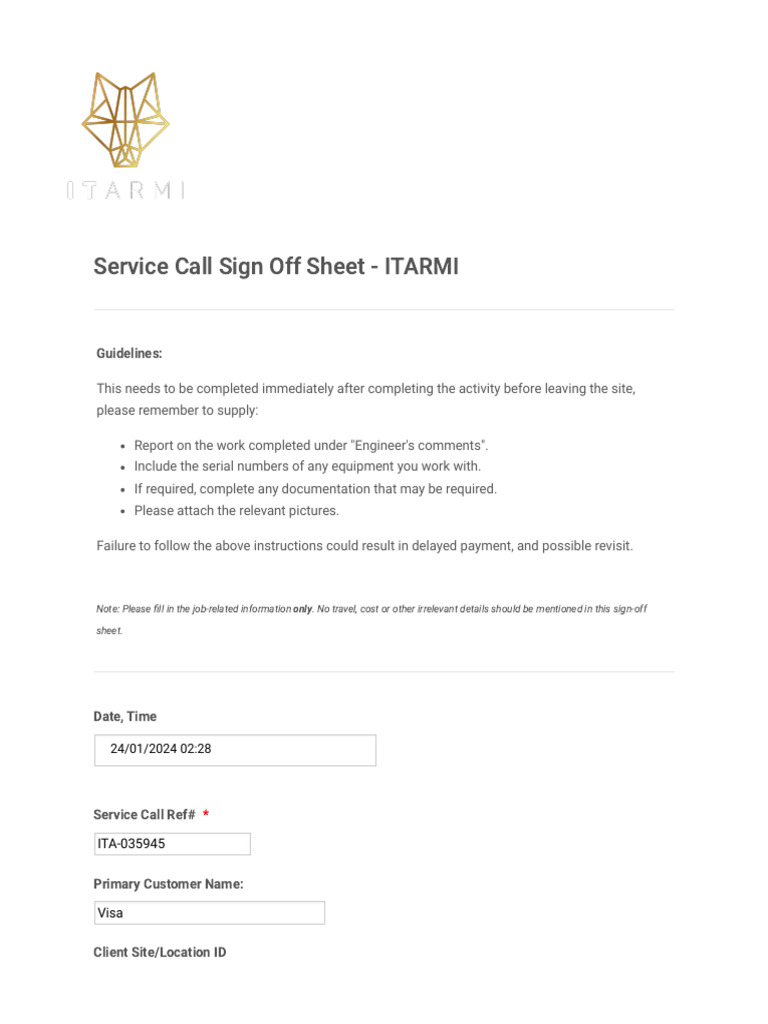 Service Call Sign Off Sheet - ITARMI | PDF | Computing | Computer Science