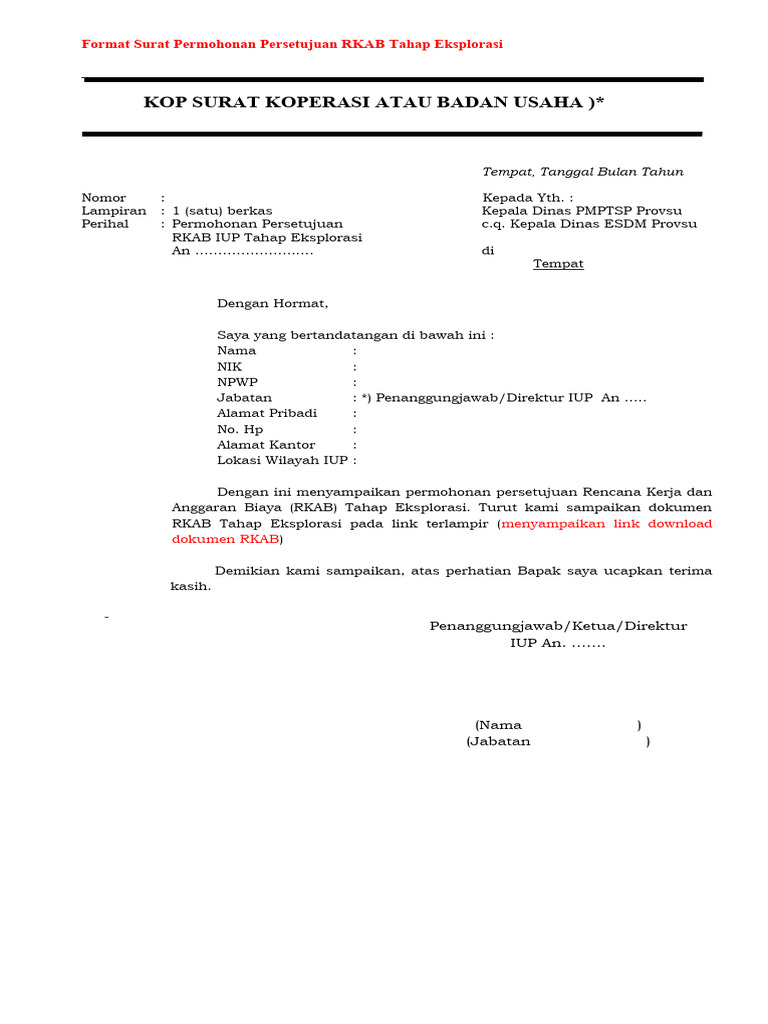 Surat Permohonan RKAB Eksplorasi | PDF