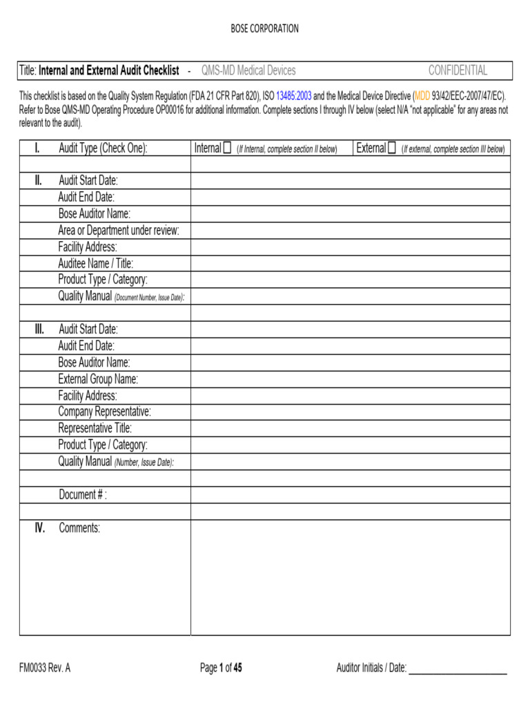 Bose 13485 FDA MDD InternalExternal Audit Checklist 04.20.18 | PDF ...