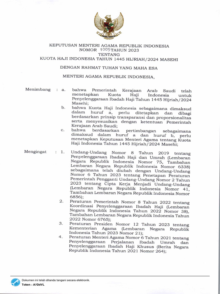 KEPUTUSAN MENTERI AGAMA Tentang Kuota Haji Tahun 2024 | PDF | Hukum