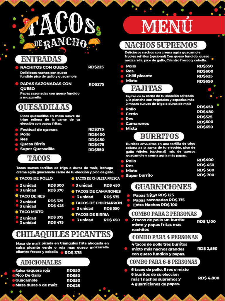 Menu Tacos de Rancho - Alejandro Reyes | Descargar gratis PDF | Taco ...