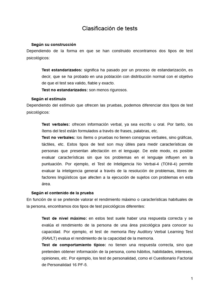 Clasificación de Test Psicológicos | PDF | Inteligencia | Escala de ...