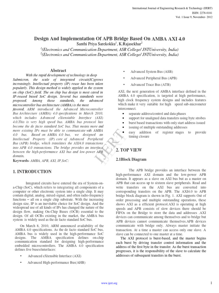 Design and Implementation of Apb Bridge Based On Amba Axi 4.0 IJERTV1IS9009 | PDF | System On A ...