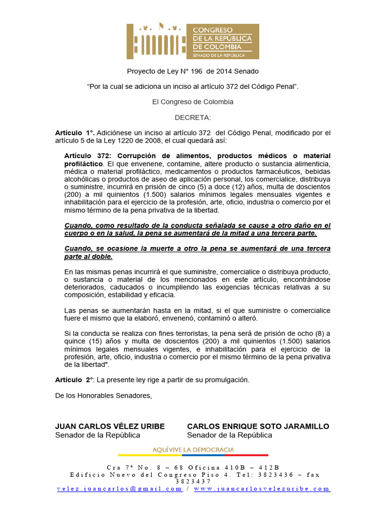 PL 196-14 S Licor Adulterado | PDF | Castigos | Homicidio