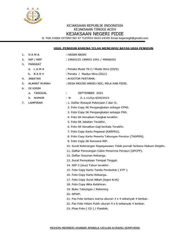 Pengantar Usul Pensiun Pns Map Depan | PDF