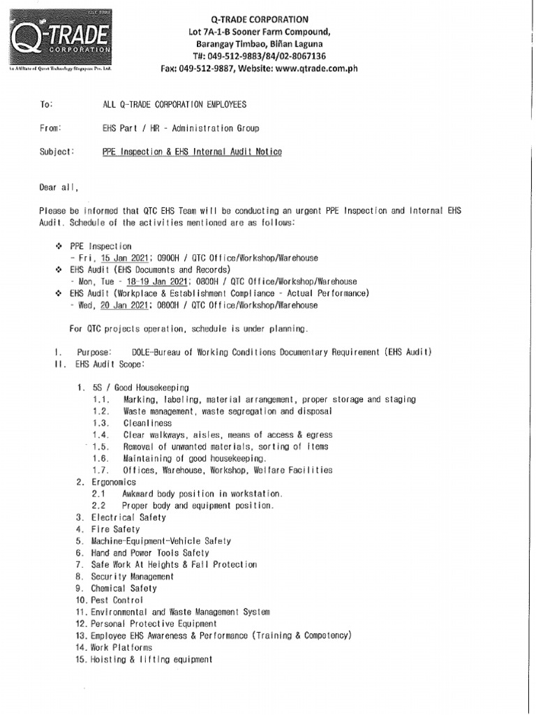 MEMO FOR PPE INSPECTION AND INTERNAL SAFETY AUDIT | PDF