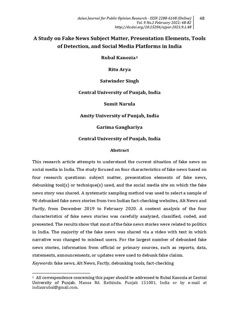 A Study On Fake News Subject Matter, Presentation Elements, Tools of ...