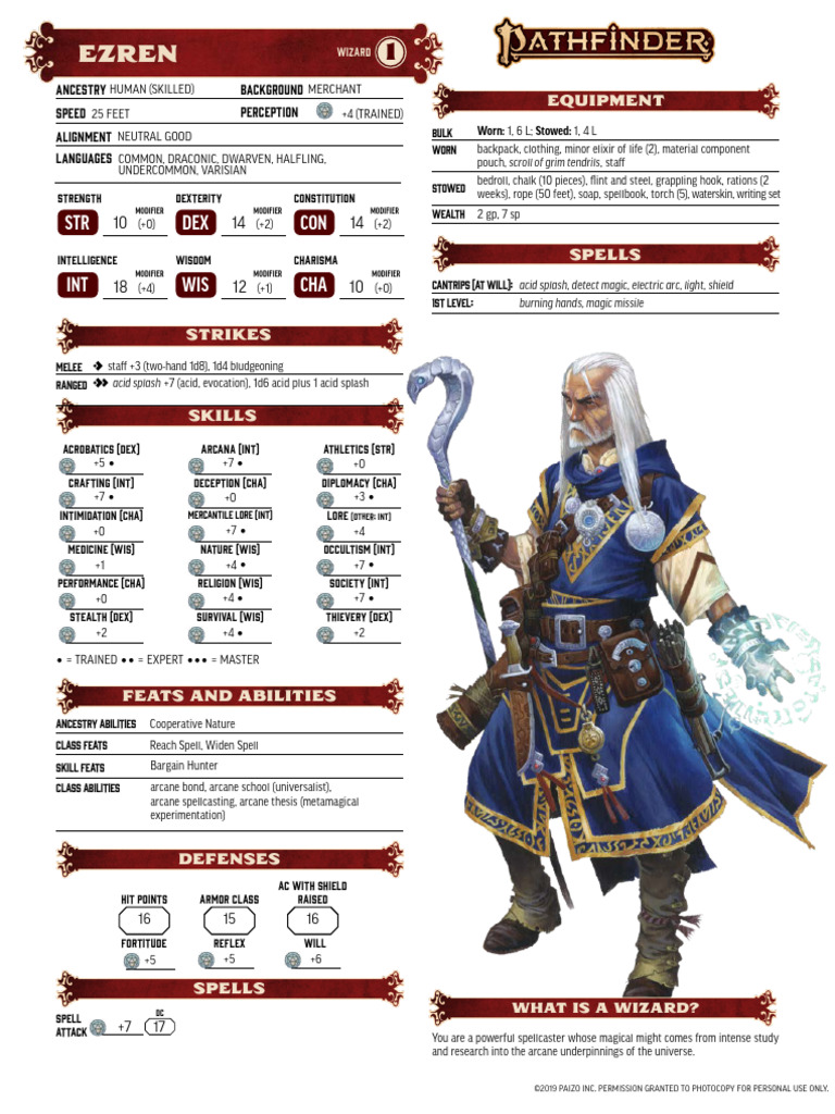 Ezren - Level 1 Wizard | PDF
