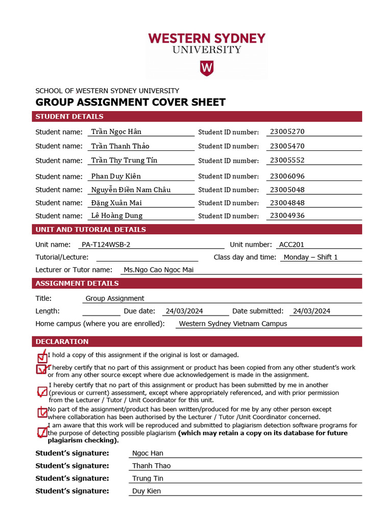 Western Sydney Group Assignment Cover | PDF | Financial Accounting ...
