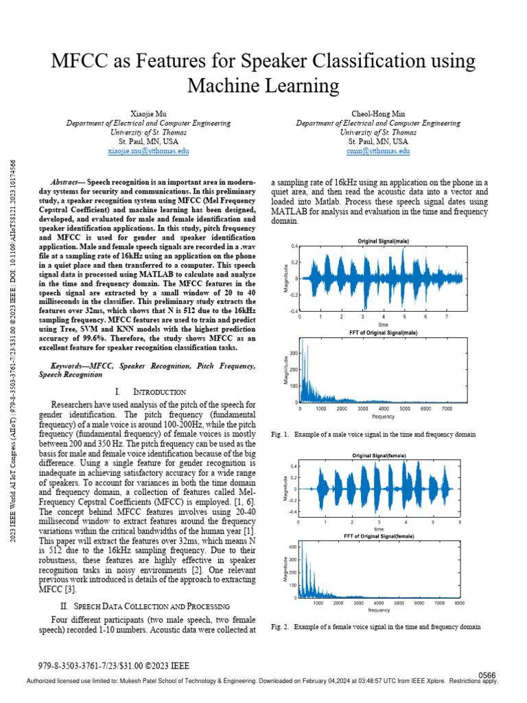 MFCC As Features For Speaker Classification Using Machine Learning | PDF | Electrical ...