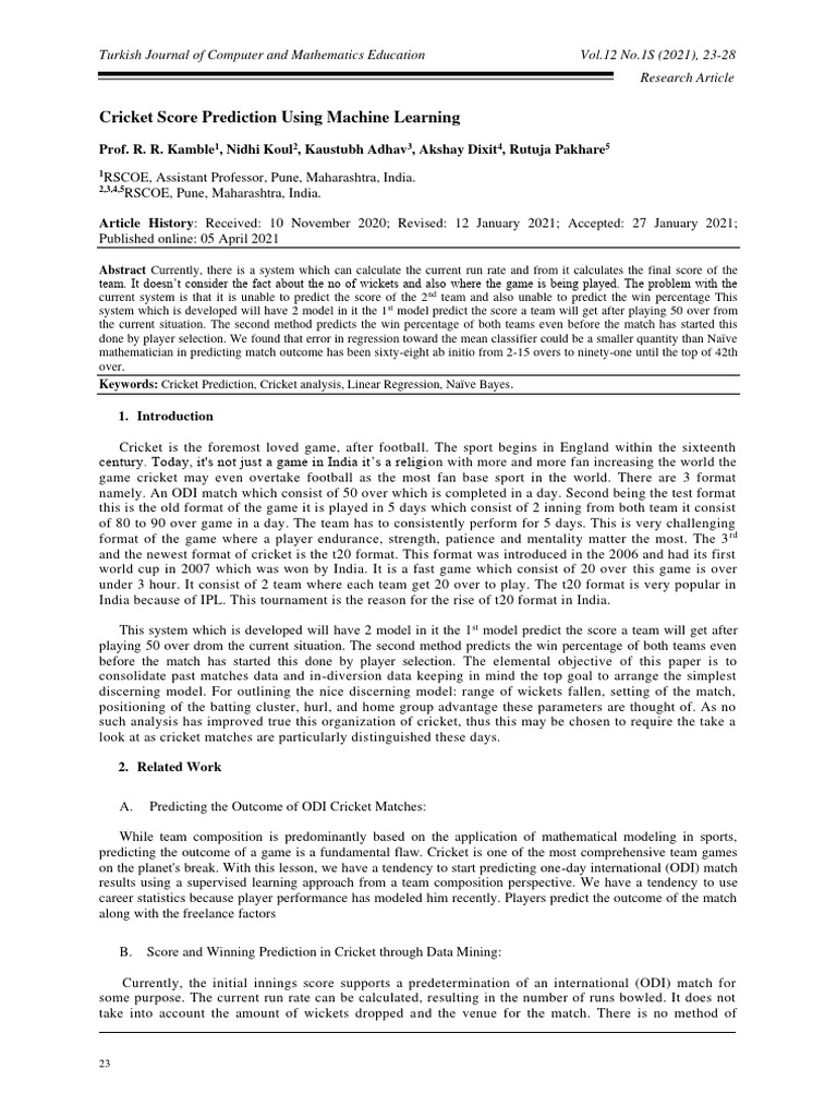 Cricket Score Prediction Using Machine Learning | Download Free PDF ...