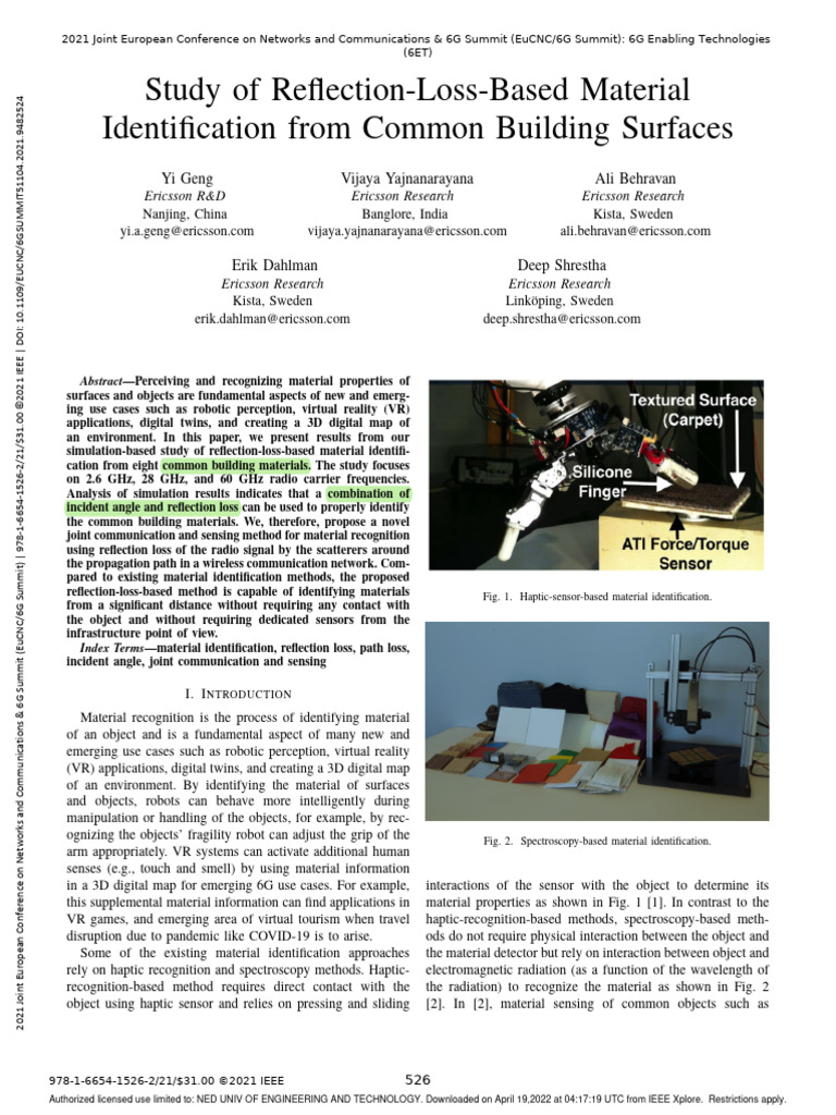 EUCNC2021 Study of Reflection-Loss-Based Material Identification From ... EUCNC2021 Study of Reflection-Loss-Based Material Identification From ...